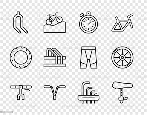 세트 라인 자전거 핸들 바 좌석 스톱워치 포크 주차 도구 알렌 키 및 휠 아이콘 벡터 두발자전거에 대한 스톡 벡터 아트 및 기타