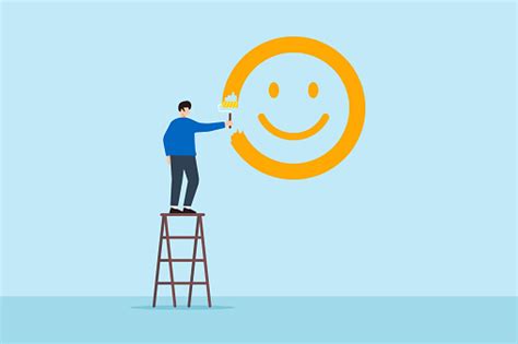 평면 일러스트레이션 행복 한 남자 사다리 위에 서서 행복과 긍정적 인 사고를 상징하는 벽에 웃는 얼굴을 그립니다 Mental Wellbeing에 대한 스톡 벡터 아트 및