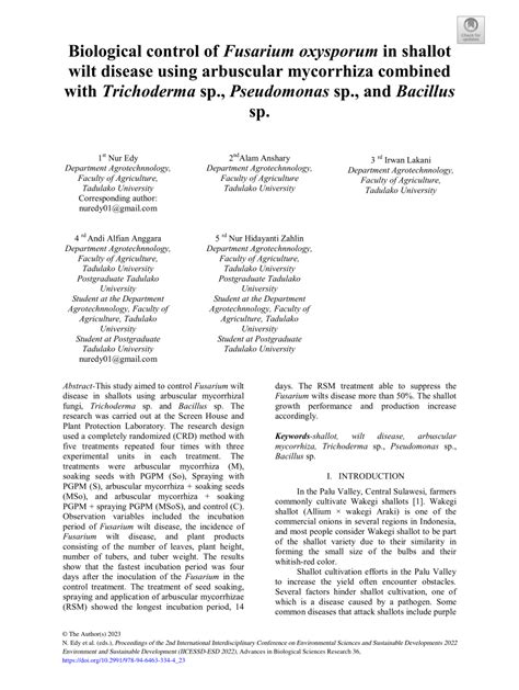 Pdf Biological Control Of Fusarium Oxysporum In Shallot Wilt Disease Using Arbuscular