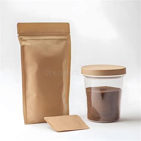 Brown Kraft Paper Pouch And Glass Jar With Seeds On White Background