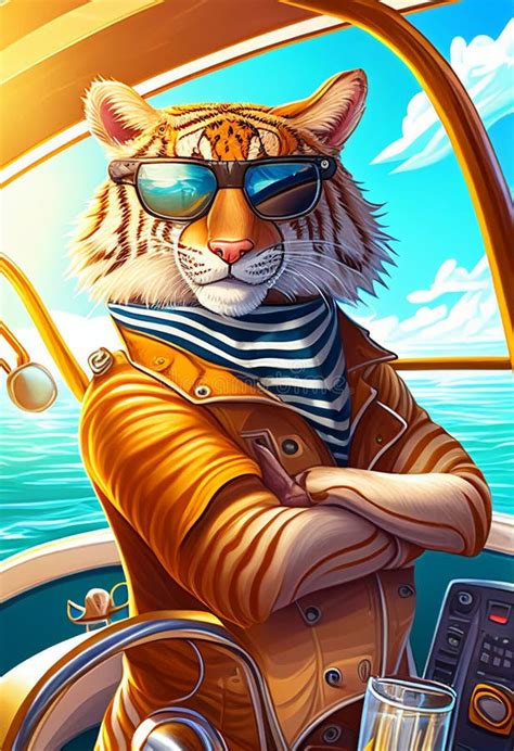 Funny Tiger In A Jacket And Sunglasses Traveling On A Yacht Ai Generated Stock Illustration