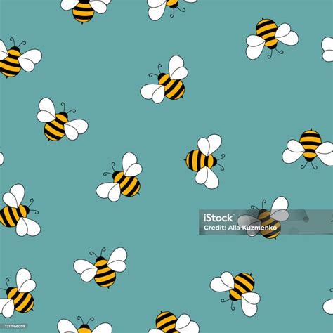 색상 배경에 꿀벌과 원활한 패턴 작은 말살 벡터 그림입니다 사랑스러운 만화 캐릭터 초대 카드 직물 직물에 대한 템플릿 디자인 낙서 스타일 0명에 대한 스톡 벡터 아트 및