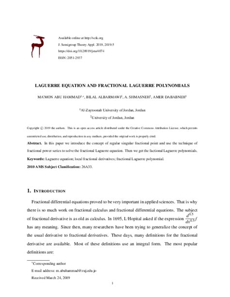 Pdf Laguerre Equation And Fractional Laguerre Polynomials