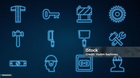 라인 작업자 안전 헬멧 망치 및 렌치 스패너 도로 장벽 쇠톱 T 스퀘어 라인 퍼티 나이프 및 오래된 키 아이콘을 설정합니다 벡터 T 자에 대한 스톡 벡터 아트 및 기타