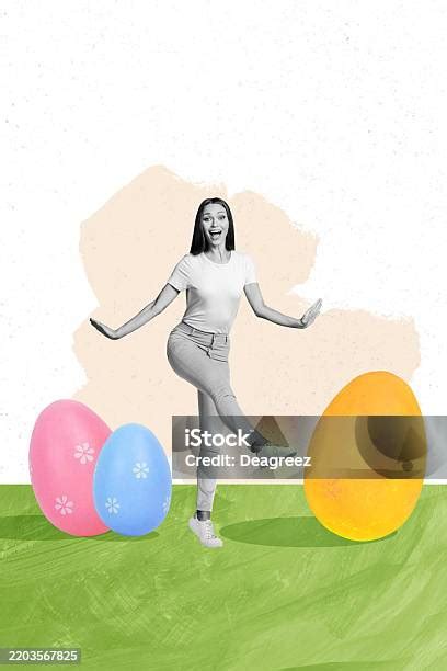 3d 사진 콜라주 트렌드 스케치 템플릿 삽화 젊은 여자 댄스 야외에서 행복 미소 봄 휴일 기독교 잔치 계절의 날 30 34세에 대한 스톡 사진 및 기타 이미지 Istock