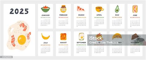 2025 년 귀여운 달력 템플릿 과 아침 식사 음식의 만화 그림 주가 있는 달력 그리드는 보육원 또는 사무실을 위해 월요일에 시작됩니다 계획을 위한 수평 월간 캘린더 레이