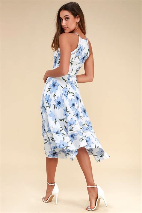 Lovely Blue And White Dress Floral Print Dress Midi Dress