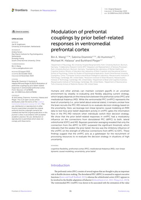 Pdf Modulation Of Prefrontal Couplings By Prior Belief Related Responses In Ventromedial