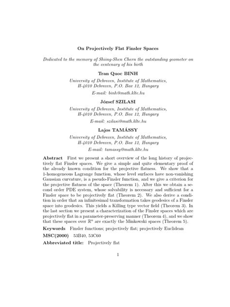 On Projectively Flat Finsler Spaces Pdf Manifold Euclidean Space