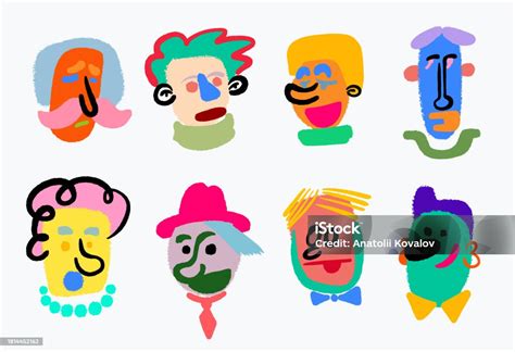 기발하고 밝은 인물 사진 템플릿 벡터 다양 한 사람들의 집합입니다 손으로 그린 디자인 귀엽고 재미있는 캐릭터 트렌디 한 현대 만화 예술 미니멀 추상적인 현대 스타일 아바타