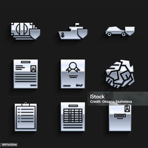 인증서 템플릿 보고서 파일 문서 개인 폴더 구겨진 종이 공 체크리스트가 있는 클립보드 자동차 방패 및 돈 아이콘을 설정합니다 벡터 개성 개념에 대한 스톡 벡터 아트 및 기타
