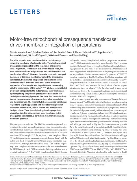 Pdf Motor Free Mitochondrial Presequence Translocase Drives Membrane Integration Of Preproteins