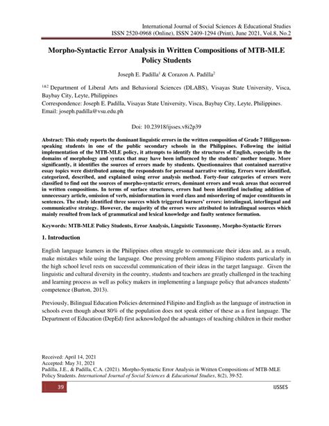Pdf Morpho Syntactic Error Analysis In Written Compositions Of Mtb