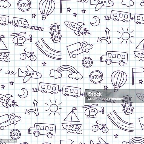 자동차 기차 비행기 헬리콥터와 로켓의 그림 아이들 낙서 전송 귀여운 아이들이 그림을 그립니다 아이 스타일의 매끄러운 패턴 제곱 된 노트북 배경에 손으로 그린 벡터 그림 낙서