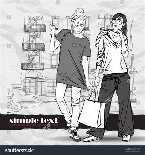 Two Sexy Girls In Sketch Style On A City Background Vector