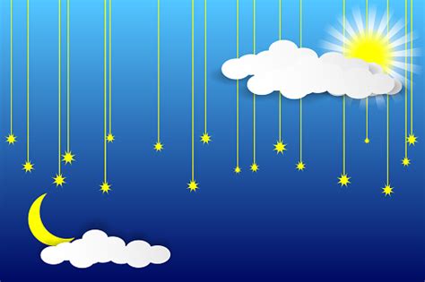 낮과 밤 하늘 푸른 배경에 흰 구름 태양 달과 별 페이퍼 컷 스타일 0명에 대한 스톡 벡터 아트 및 기타 이미지 0명 3차원 형태 공예 Istock