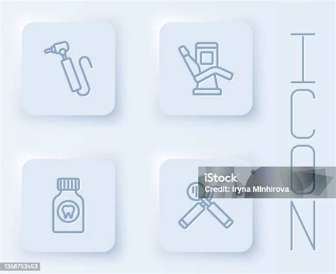 세트 라인 치아 드릴 의료 치과 의자 치통 진통제 태블릿 및 치과 용 거울 및 프로브 흰색 정사각형 버튼 벡터 건강 진단에 대한 스톡 벡터 아트 및 기타 이미지 Istock