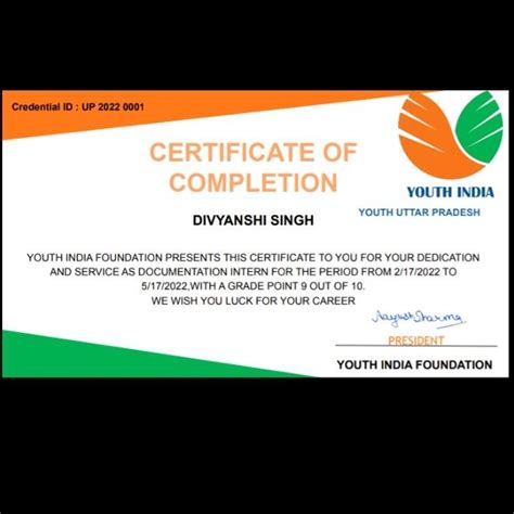Divyanshi Singh On Linkedin Certificate Of Completion An Internship Is Done Under Youth India