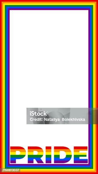 흰색 배경에 고립된 무지개 텍스트 Pride가 있는 수직 직사각형 무지개 줄무늬 프레임 프라이드 깃발의 색상에 있는 사진 프레임 벡터 일러스트 레이 션 Lgbt 프라이드의