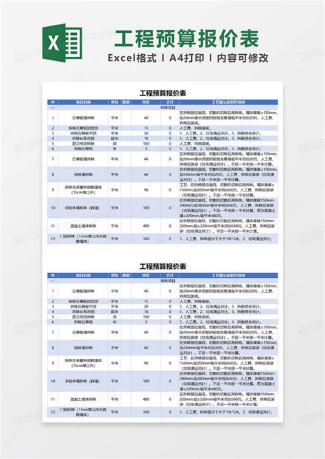 蓝色简约工程预算报价表excel模板下载excel图客巴巴