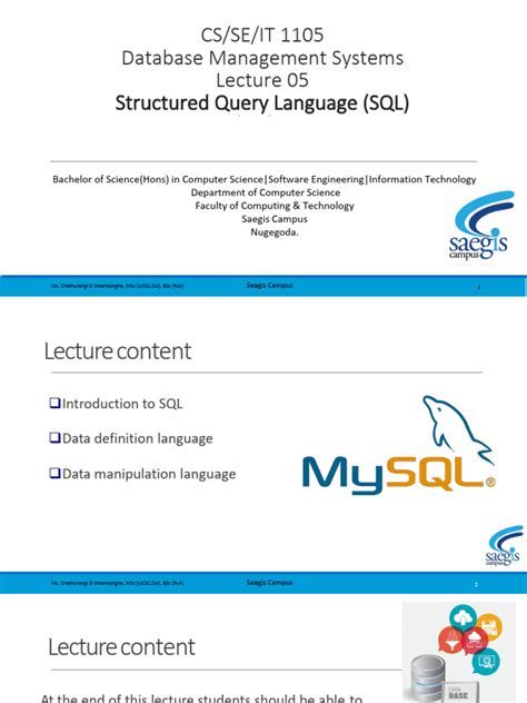 Cs Se It 1105 Database Management Systems Lecture 05 Pdf Sql