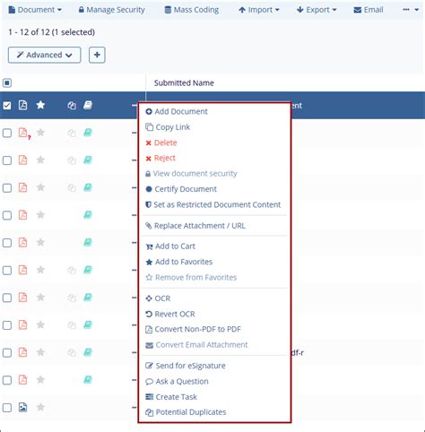 Document Activities Menu