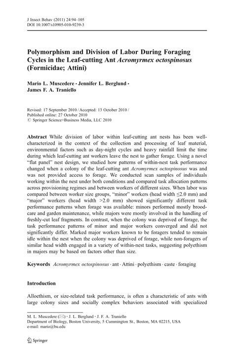 Pdf Polymorphism And Division Of Labor During Foraging Cycles In The Leaf Cutting Ant