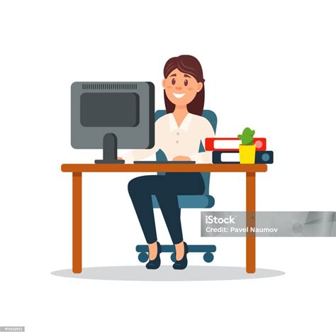 실업 사무실 만화 벡터 일러스트 레이 션에서에서 일 하는 비즈니스 문자 컴퓨터와 함께 작업 하는 책상에 앉아 웃 고 개념에 대한 스톡 벡터 아트 및 기타 이미지 Istock