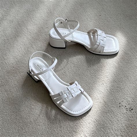 스퀘어 위빙 사각 격자 스티치 발목스트랩 버클 쿠션 샌들 슬리퍼