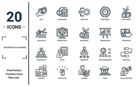 사업 계획 선형 아이콘 세트입니다 얇은 라인 비용 평가 파트너십 회사 공개 관계 투자 보고서 프리젠 테이션 다이어그램 웹 디자인을위한 워크 플로우 아이콘 포함 0명에 대한