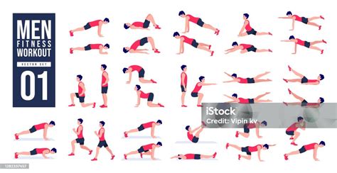 남자 운동 세트 남자는 벡터 세트를 운동합니다 피트니스와 요가 운동을하는 남자 런지 푸쉬업 스쿼트 아령행 버피 사이드 판자 둔부