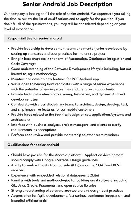 Senior Android Job Description Velvet Jobs
