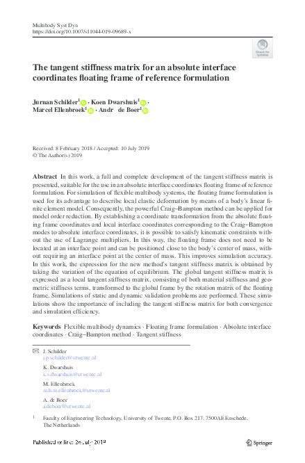 Pdf The Tangent Stiffness Matrix For An Absolute Interface Coordinates Floating Frame Of
