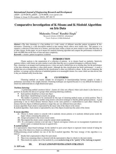 Comparative Investigation Of K Means And K Medoid Algorithm On Iris