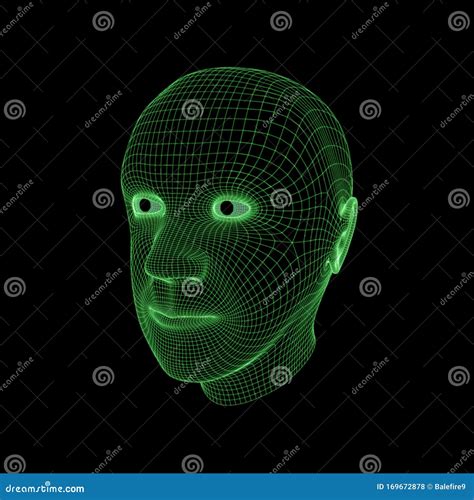 Green Wireframe Rendering Of A Man`s Head Stock Illustration