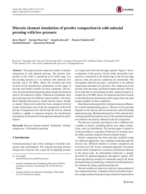 Pdf Discrete Element Simulation Of Powder Compaction In Cold Uniaxial