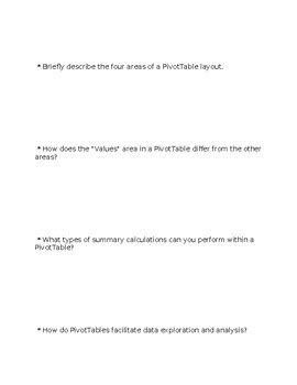 PivotTables In Excel Reading Worksheet W Answer Key EDITABLE TPT