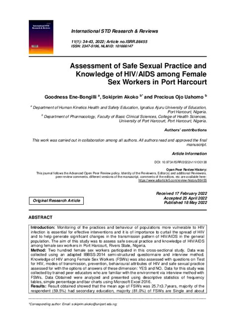 Pdf Assessment Of Safe Sexual Practice And Knowledge Of Hiv Aids Among Female Sex Workers In