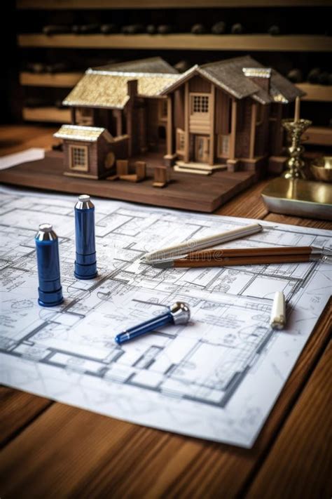 Close Up Of Architect Blueprints On A Wooden Table Stock Illustration Illustration Of Design