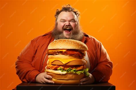 Premium Ai Image Overweight Man Eating A Delicious Hamburger