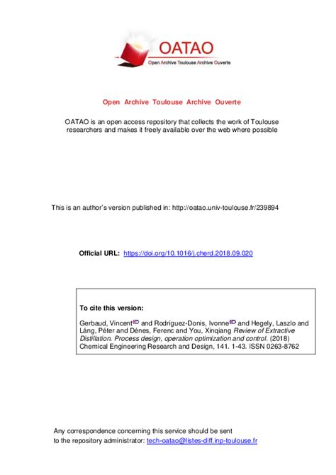 Pdf Review Of Extractive Distillation Process Design Operation Optimization And Control