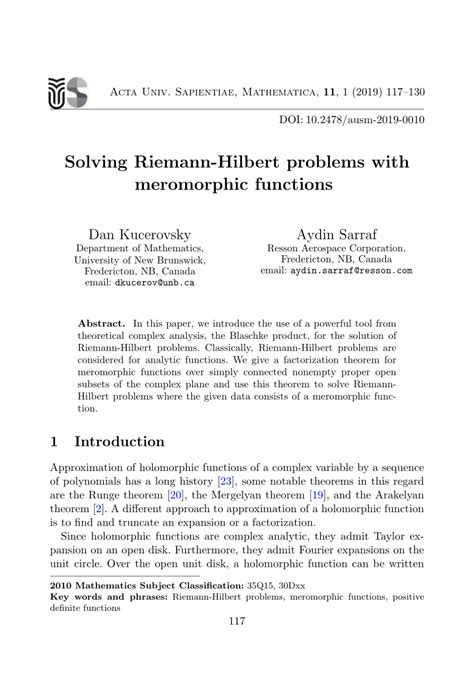 Pdf Solving Riemann Hilbert Problems With Meromorphic Functions