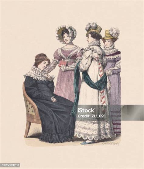 독일어 의상 여성 패션 수작업 색 나무 조각 출판 C1880 역사에 대한 스톡 벡터 아트 및 기타 이미지 역사 패션 19세기 Istock