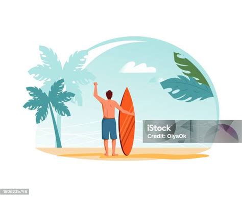 남자 서퍼 모래 위에 서 있고 서핑 보드 벡터 평면 그림을 들고 있습니다 수영복을 입은 행복한 남자가 해변에서 바다나 바다에서 파도를 보고 있습니다 여름방학 휴가여행 혼자