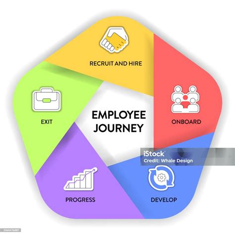 직원 경험 여정지도 전략 프레임 워크 인포 그래픽 다이어그램 차트 일러스트 배너 선 아이콘 벡터 템플릿에는 모집 및 고용 온보딩 개발 진행 및 퇴장이 있습니다 프레젠테이션