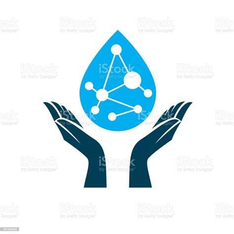 돌보는 손 잡고 물방울에 배치 하는 분자의 모델 공학 화학 연구 또는 의료 로그인으로 물리학에서 사용 하기 위해 개념적 상징 바둑판에 대한 스톡 벡터 아트 및 기타 이미지