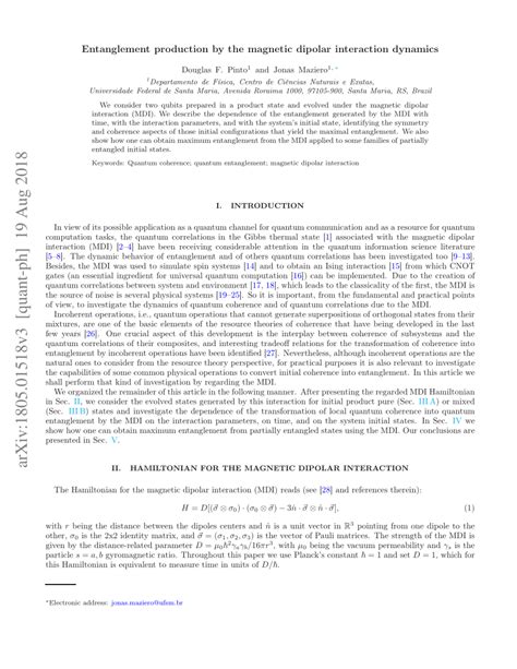 Pdf Entanglement Production By The Magnetic Dipolar Interaction Dynamics
