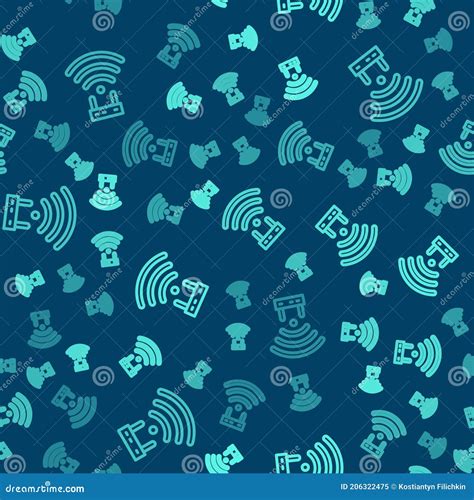 Green Line Router And Wi Fi Signal Icon Isolated Seamless Pattern On Blue Background Wireless