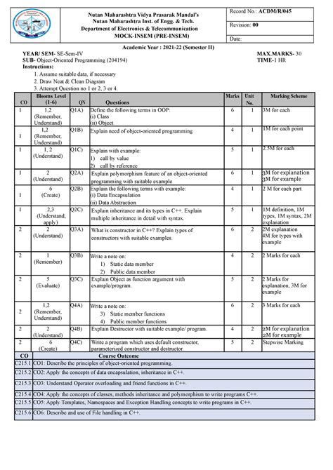 OOP Question Paper PRE Insem Nutan Maharashtra Vidya Prasarak Mandals Nutan Maharashtra