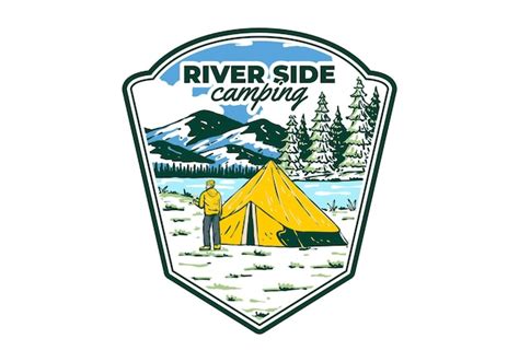 강변 캠핑 빈티지 야외 일러스트레이션 배지 프리미엄 벡터